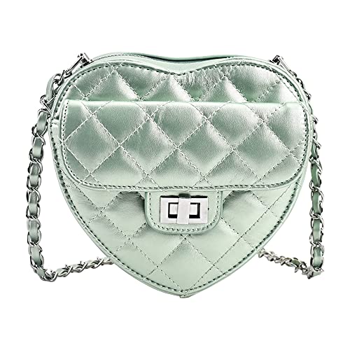 Women Girls Cute Heart Shaped Chain Shoulder Bag Plaid Embroidery Leather Evening Clutch Bag Crossbody Purse