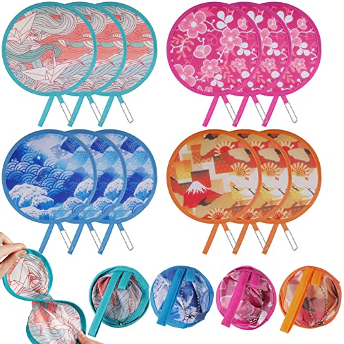 12 Pcs Round Japanese Style Foldable Hand Fan Summer Flower Handheld Folding Fan 4 Patterns Collapsible Handheld Fan Foldable for Women Girls Daily Use Festival Wedding Party Favors Home Decorations