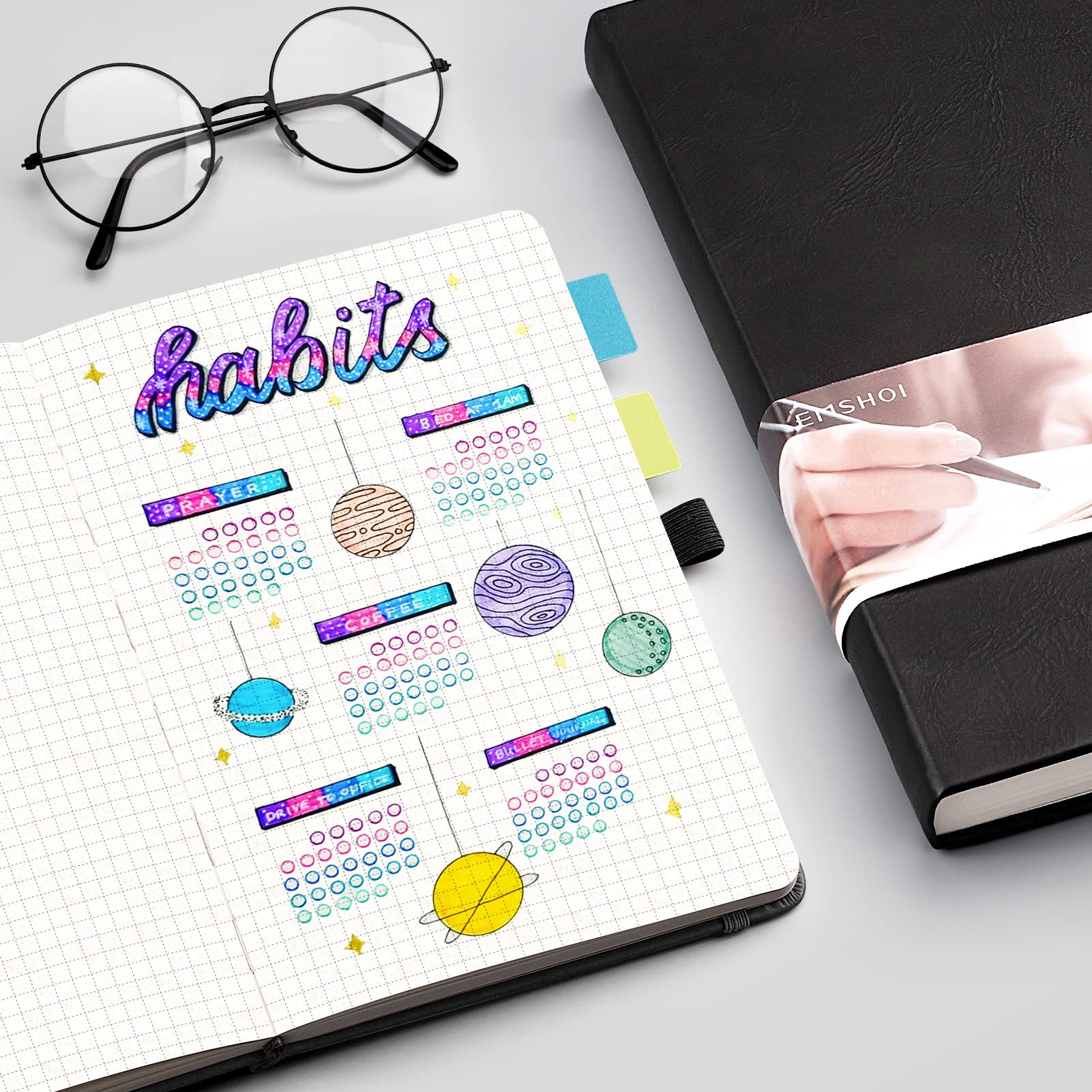 EMSHOI Graph Paper Notebook - 256 Pages A5 Graph Notebook/Journal, Hard Cover, 120gsm Thick Paper, Smooth PU Leather, Inner Pocket, 5.75'' × 8.38''-Black