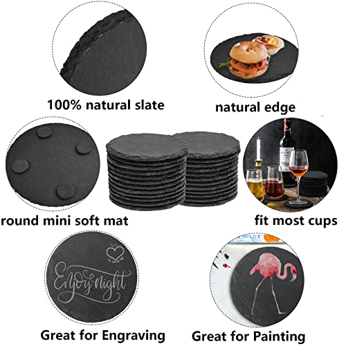 MAPRIAL 24 Pieces Slate Coasters, 4 Inch Round Coasters for Drinks Rustic Coasters Set Black Stone Coasters Bulk with Anti-Scratch Backing for Bar, Housewarming Gifts, DIY, Home Decor, Table, Cup
