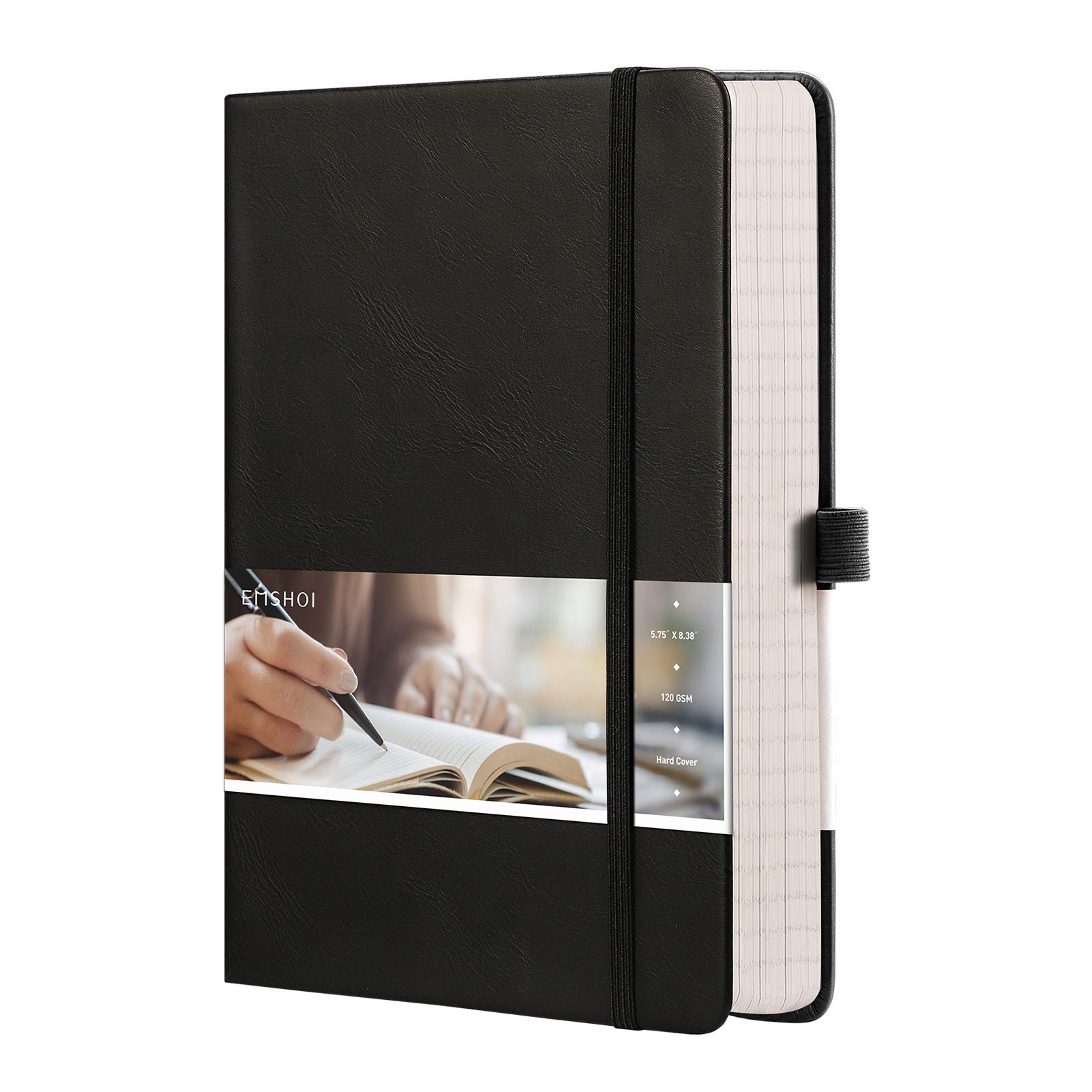 EMSHOI Graph Paper Notebook - 256 Pages A5 Graph Notebook/Journal, Hard Cover, 120gsm Thick Paper, Smooth PU Leather, Inner Pocket, 5.75'' × 8.38''-Black