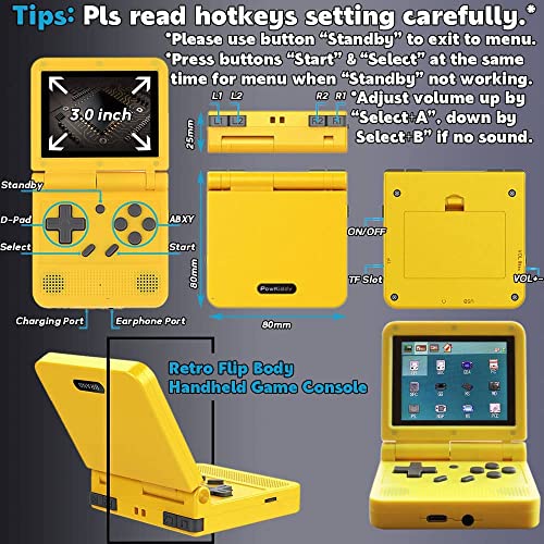 V90 Retro Clamshell Game Console 3 Inch IPS Screen Open System Handheld Game Console Built-in Rechargeable Battery Portable Style Handheld Gaming Video Console System with Case (Yellow, 64G)