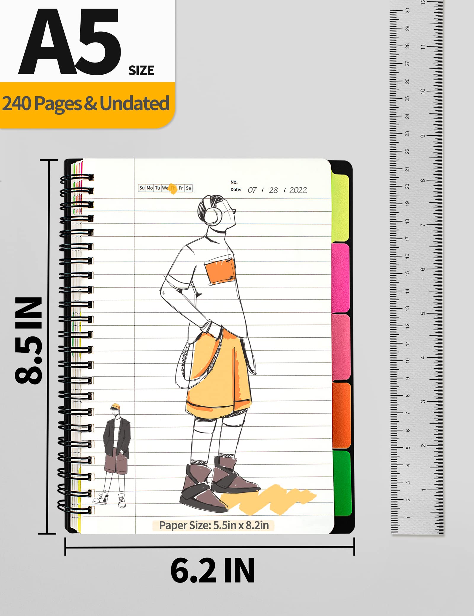 SUNEE 5 Subject Notebook College Ruled - 240 Pages, 6.2"x8.5", 5 Pocket Colored Dividers, 3-Hole Punched Paper, Black