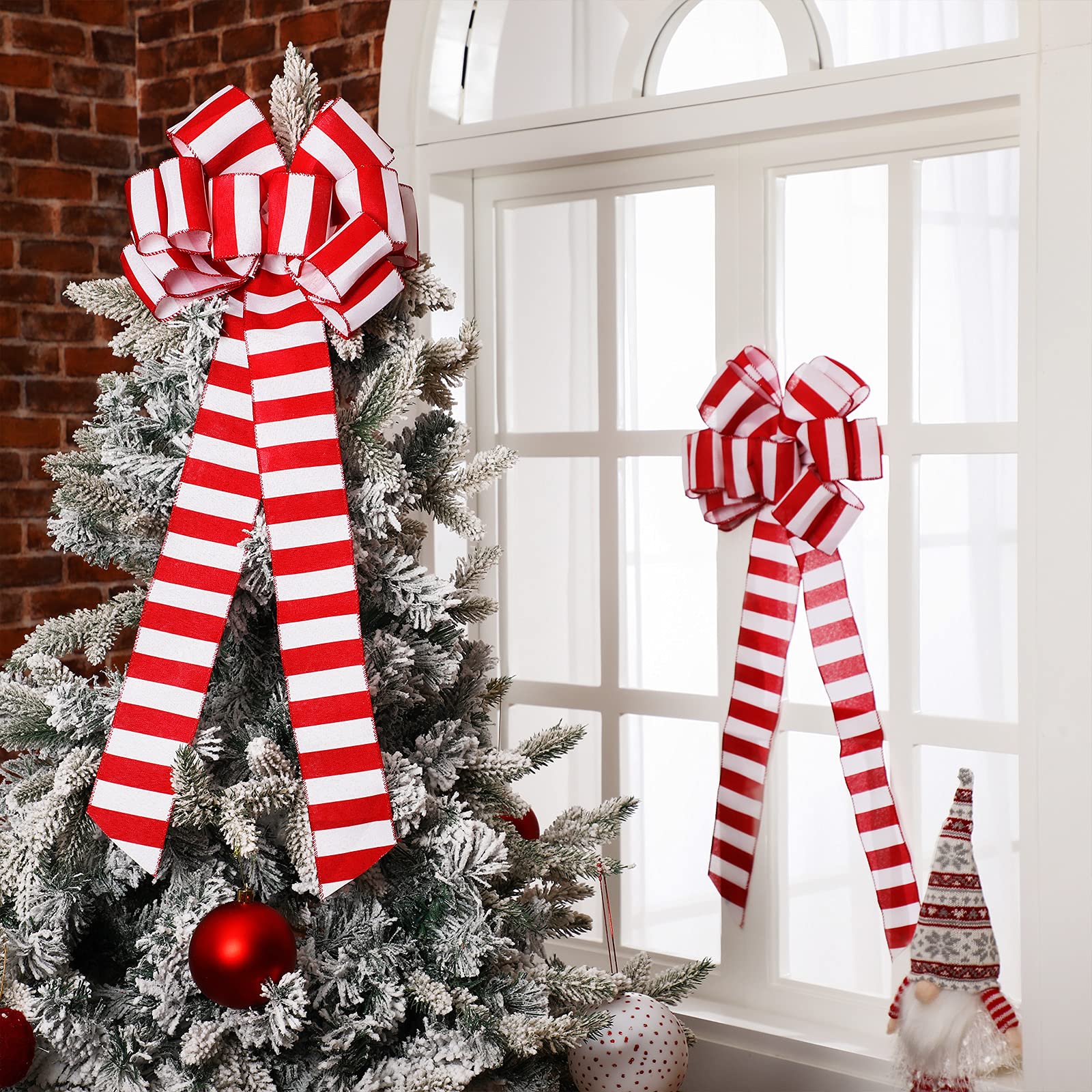 WILLBOND Christmas Red White Bow Red White Stripe Christmas Candy Cane Pattern Burlap Large Wreath Ribbon Bow Decorative for Tree Holiday Decoration Supplies, 25.6 x 9.8 Inch
