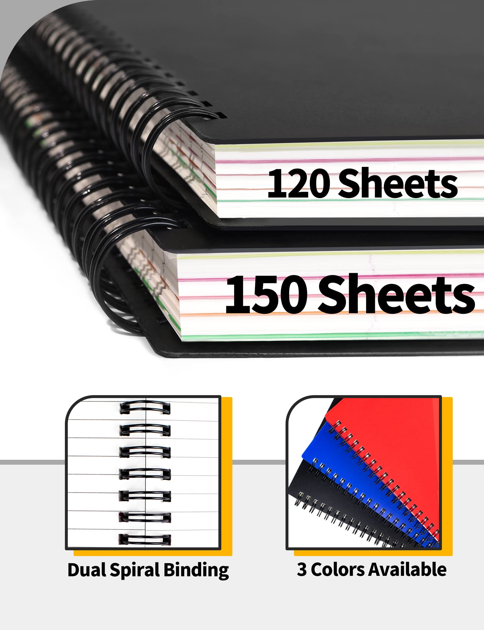 SUNEE 5 Subject Notebook College Ruled - 240 Pages, 6.2"x8.5", 5 Pocket Colored Dividers, 3-Hole Punched Paper, Black