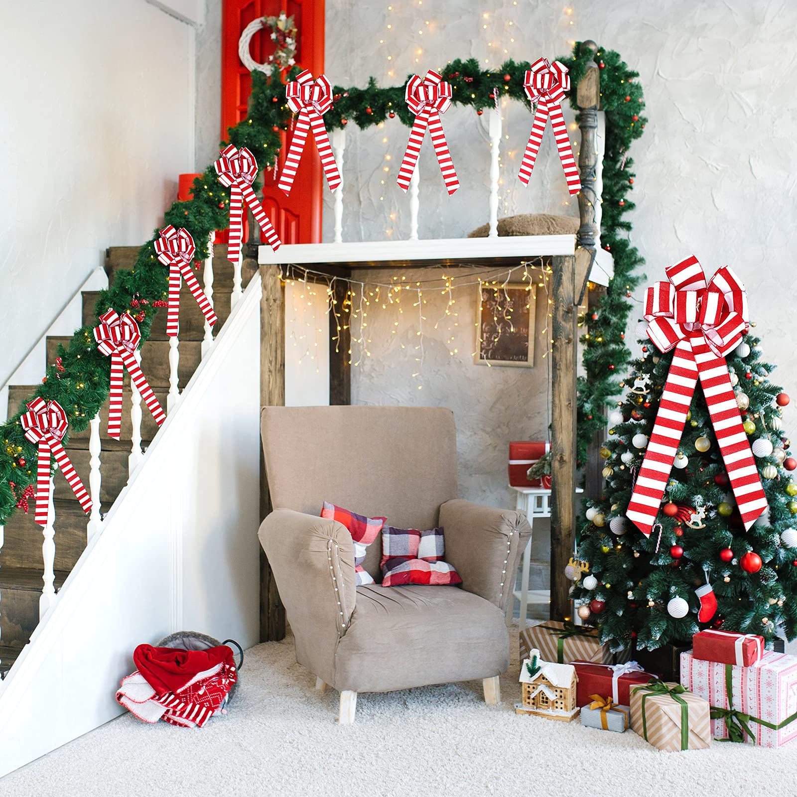 WILLBOND Christmas Red White Bow Red White Stripe Christmas Candy Cane Pattern Burlap Large Wreath Ribbon Bow Decorative for Tree Holiday Decoration Supplies, 25.6 x 9.8 Inch
