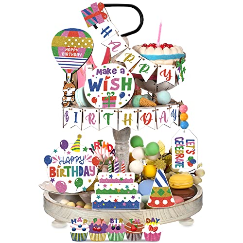 11 Pcs Birthday Tiered Tray Decor Farmhouse Tiered Tray Decor for Birthday Decor Colorful Birthday Party Supplies Wooden Happy Bday Table Decorations (Cake Style)
