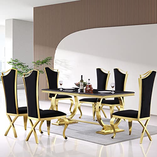 ACEDÉCOR 7 Piece Dining Table Set, Modern Dining Room Table with Gold Stainless Steel Metal U-Base, 6 Black Velvet Dining Chairs with Gold Legs(1 Table + 6 Black Velvet Dining Chairs)