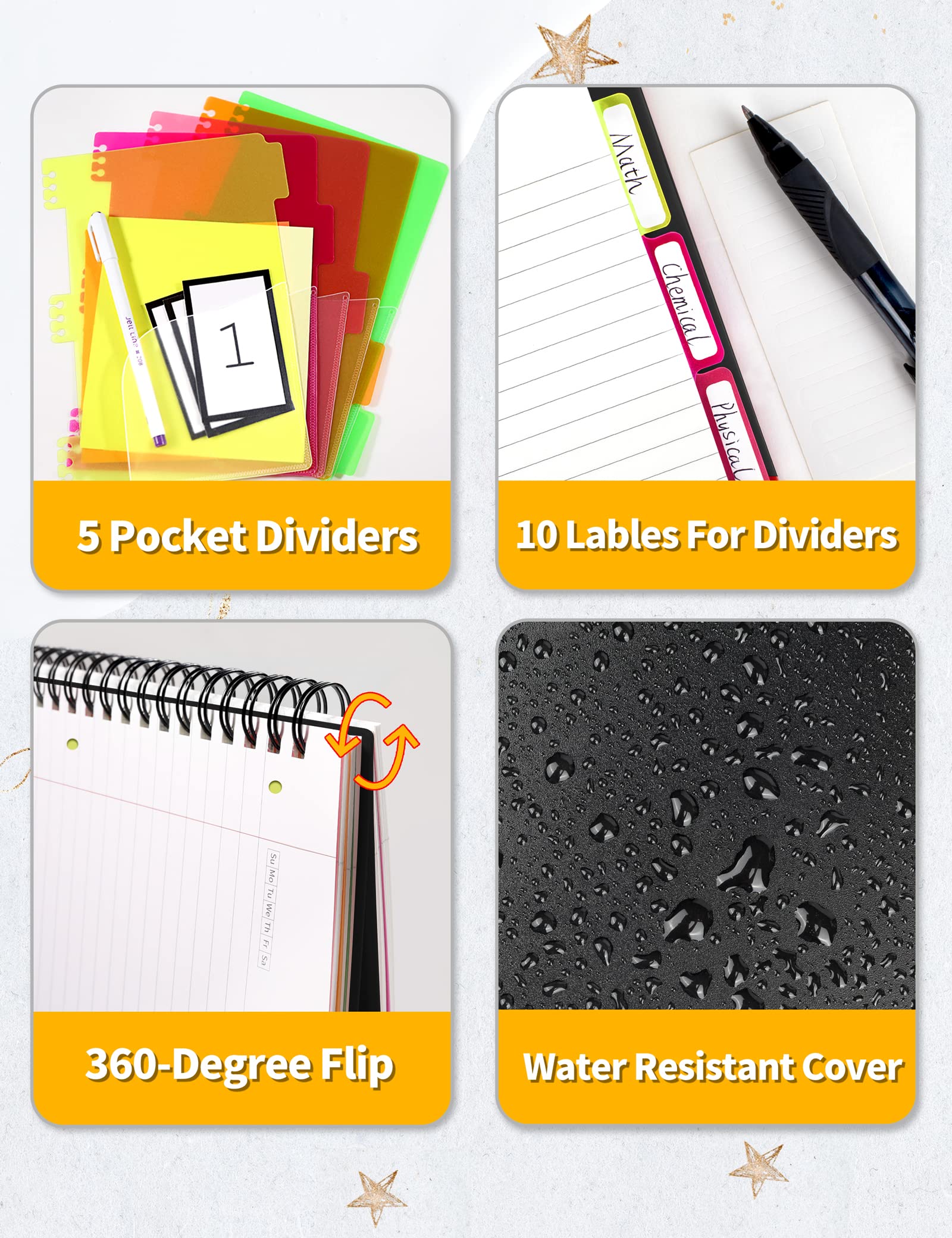 SUNEE 5 Subject Notebook College Ruled - 240 Pages, 6.2"x8.5", 5 Pocket Colored Dividers, 3-Hole Punched Paper, Black