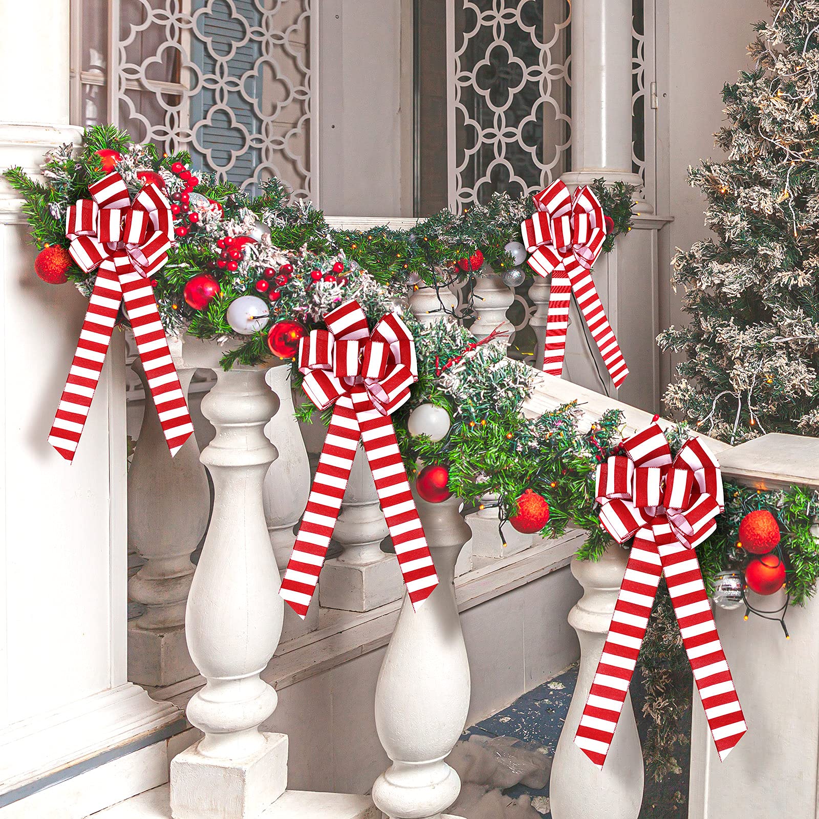 WILLBOND Christmas Red White Bow Red White Stripe Christmas Candy Cane Pattern Burlap Large Wreath Ribbon Bow Decorative for Tree Holiday Decoration Supplies, 25.6 x 9.8 Inch