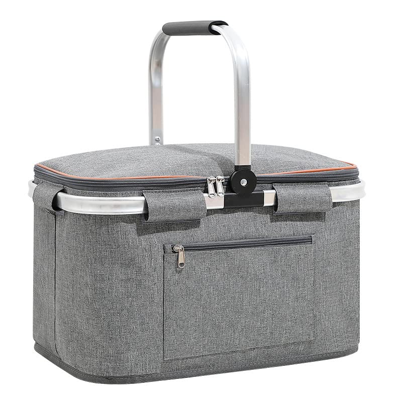 Pamime 35L Large Picnic Basket Aluminum Folding Picnic Basket Insulated Lunch Bag Padded Handle Picnic Basket for Men for Travel Cooler Shopping Camping Grocery Bags(Grey)