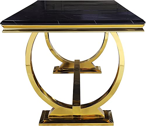 ACEDÉCOR 7 Piece Dining Table Set, Modern Dining Room Table with Gold Stainless Steel Metal U-Base, 6 Black Velvet Dining Chairs with Gold Legs(1 Table + 6 Black Velvet Dining Chairs)