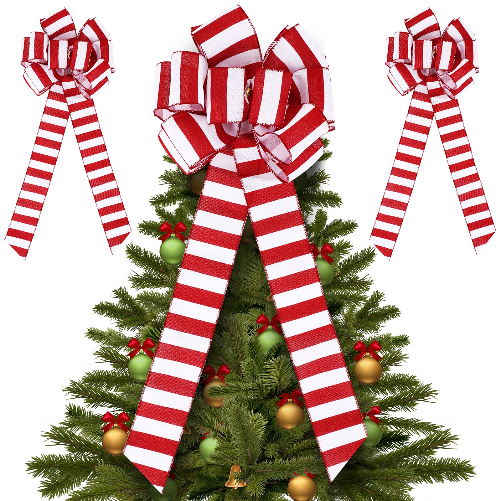 WILLBOND Christmas Red White Bow Red White Stripe Christmas Candy Cane Pattern Burlap Large Wreath Ribbon Bow Decorative for Tree Holiday Decoration Supplies, 25.6 x 9.8 Inch