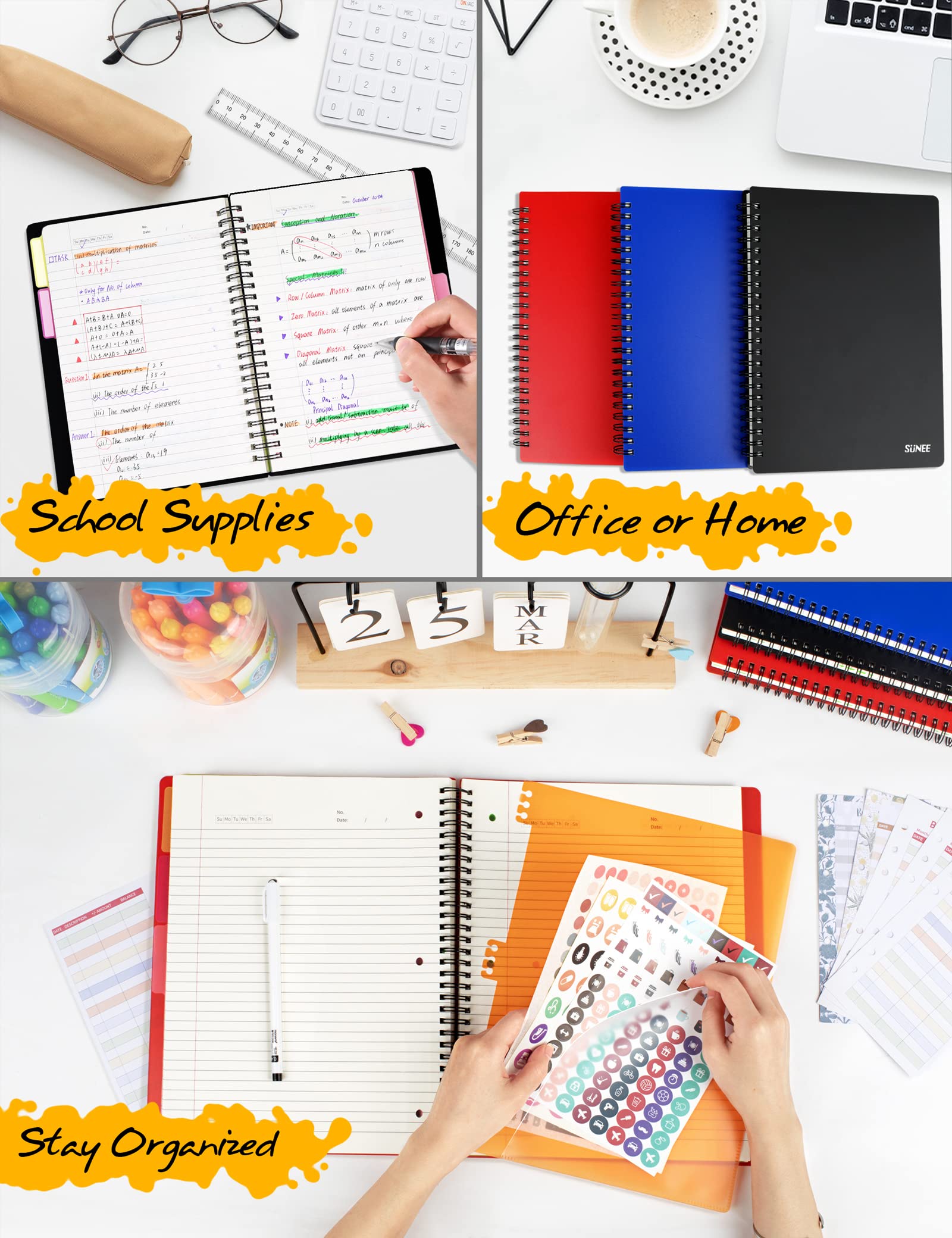 SUNEE 5 Subject Notebook College Ruled - 240 Pages, 6.2"x8.5", 5 Pocket Colored Dividers, 3-Hole Punched Paper, Black