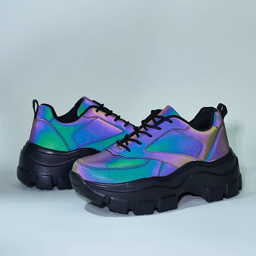 LUCKY STEP Women Chunky Platform Dad Colorblock White Neon Green Fuchsia Hologram Silver Casual Lace-Up Walking Sneakers(Charcoal,10 B(M) US)