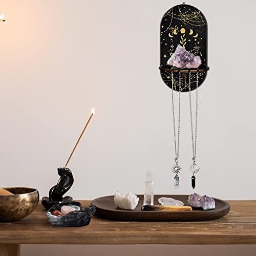 Knana 12PCS Small Crystal Shelf Display and Pendulum Board - Wall Mounted Shelf Crystal Hanging Display - with Black Angel Wings and Energy Stone for Living Room Bathroom Bedroom Decor
