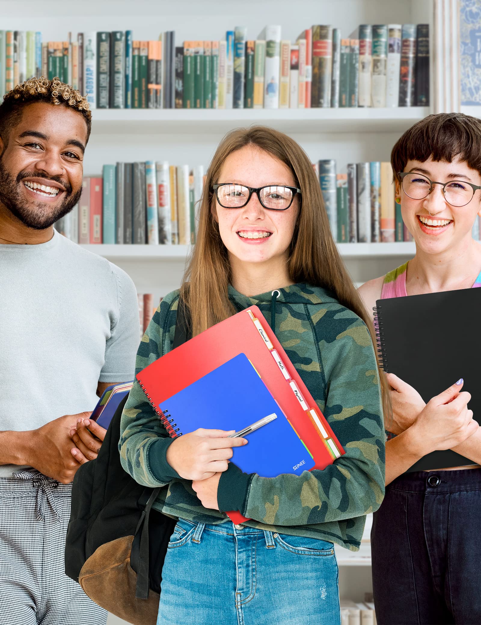 SUNEE 5 Subject Notebook College Ruled - 240 Pages, 6.2"x8.5", 5 Pocket Colored Dividers, 3-Hole Punched Paper, Black