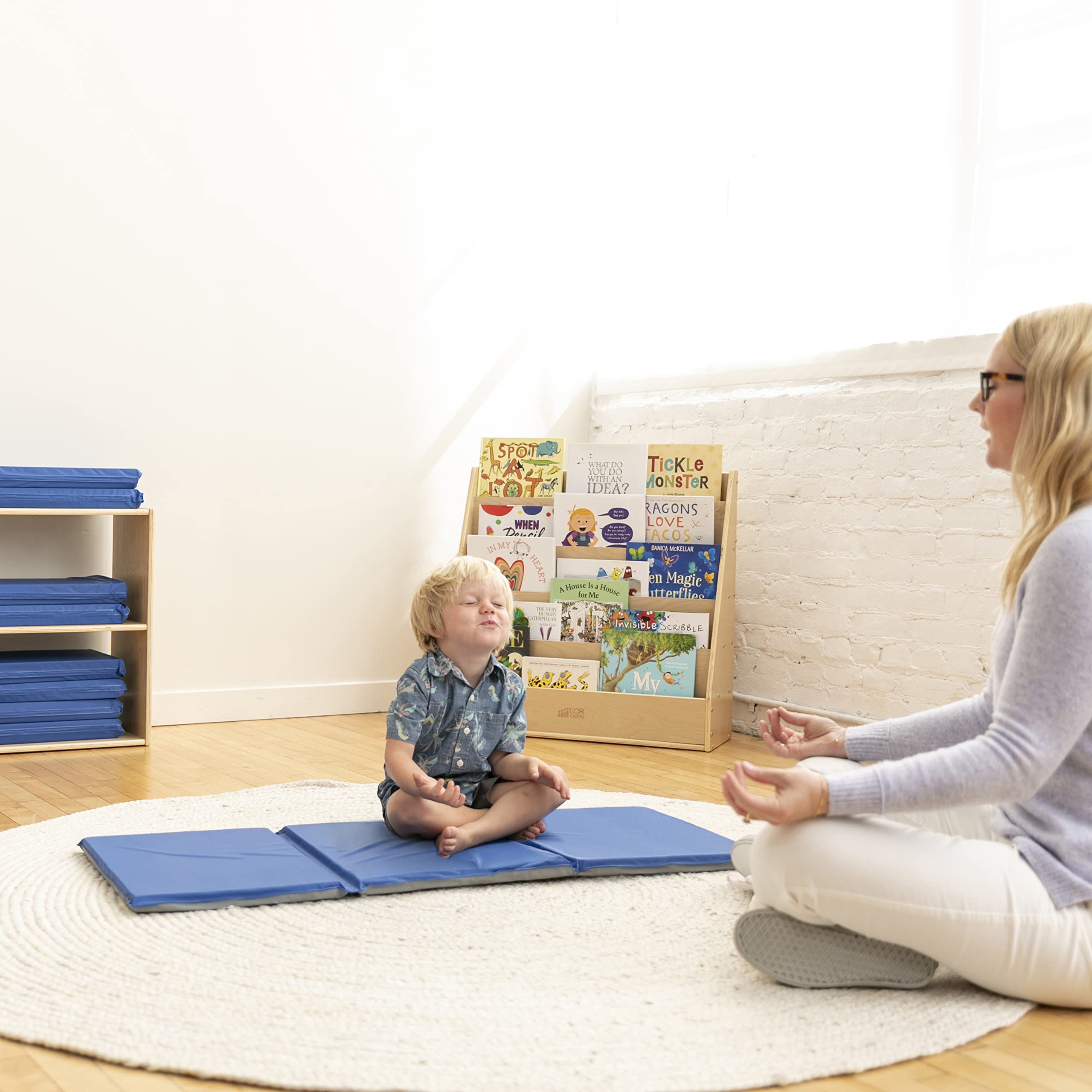 ECR4Kids Everyday 3-Fold Daycare Rest Mat, Blue and Grey (1" Thick)
