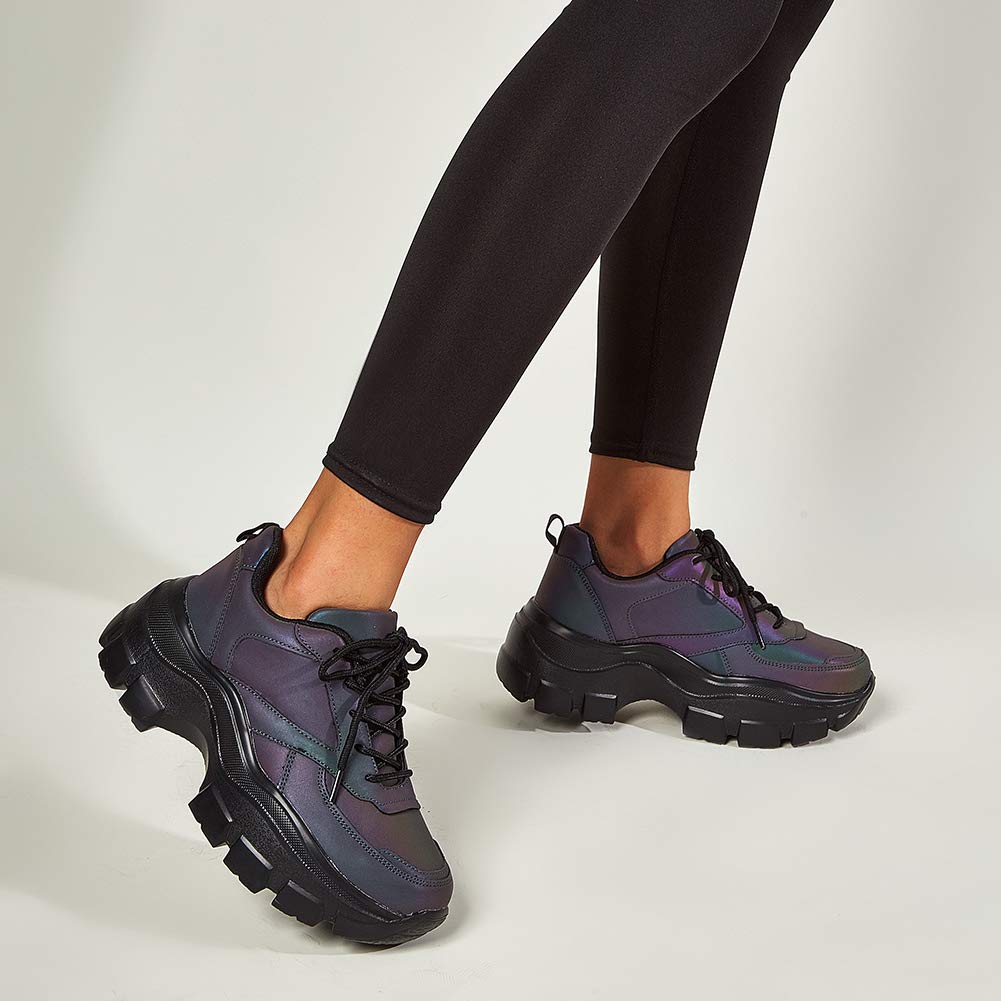 LUCKY STEP Women Chunky Platform Dad Colorblock White Neon Green Fuchsia Hologram Silver Casual Lace-Up Walking Sneakers(Charcoal,10 B(M) US)