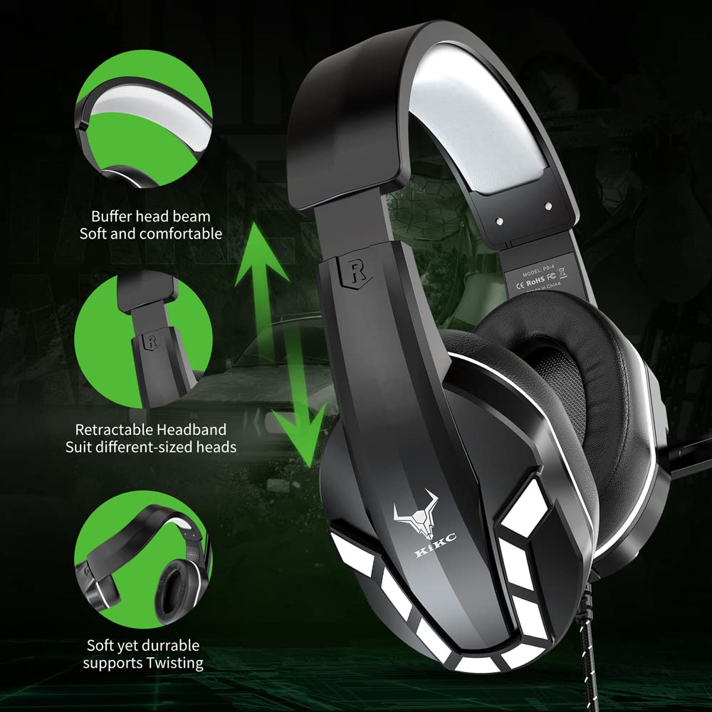 Kikc PS4 Gaming Headset with Mic for Xbox One, PS5, PC, Mobile Phone and Notebook, Controllable Volume Gaming Headphones with Soft Earmuffs, Headphones for Kid - White