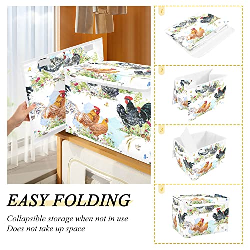 Kigai Rooster Pattern Storage Bins with Lids and Handles 17x13x12 In Foldable Fabric Storage Basket Toys Clothes Organizer for Shelves Closet Home Bedroom Office
