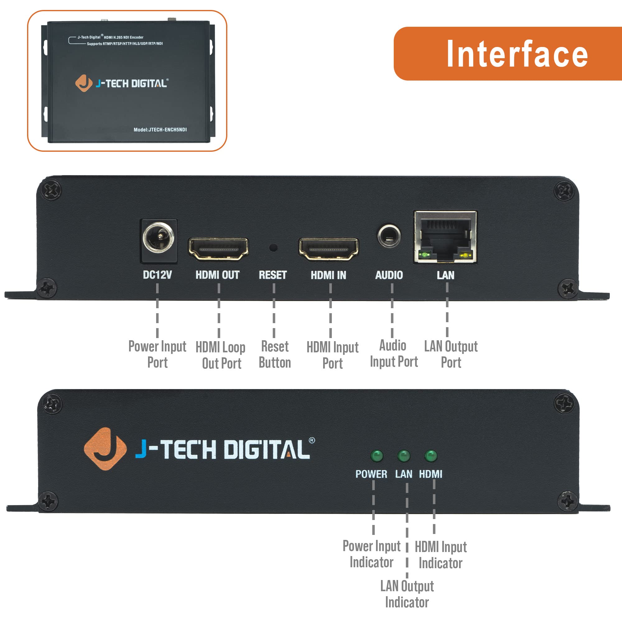 J-Tech Digital HDMI Encoder 1080P H.264 H.265 IPTV Livestream Encoder with Audio Embed Supports NDI HX HX2, RTSP, RTMP RTMPS, HTTP, UDP, ONVIF [JTECH-ENCH5NDI|HX]