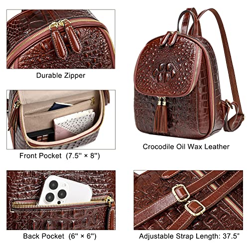 COOLCY Small Crocodile Leather Backpack Purse for Women Designer Ladies Fashion Bag (Dark Brown.)
