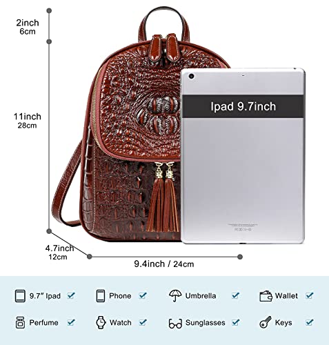 COOLCY Small Crocodile Leather Backpack Purse for Women Designer Ladies Fashion Bag (Dark Brown.)