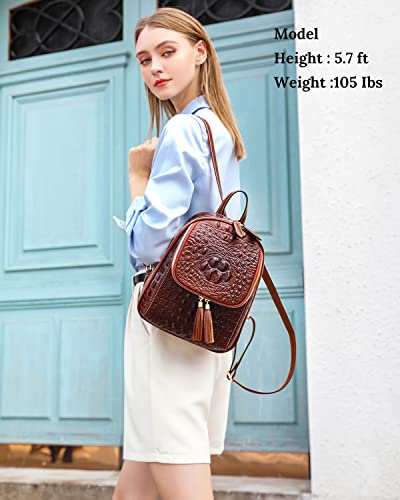 COOLCY Small Crocodile Leather Backpack Purse for Women Designer Ladies Fashion Bag (Dark Brown.)
