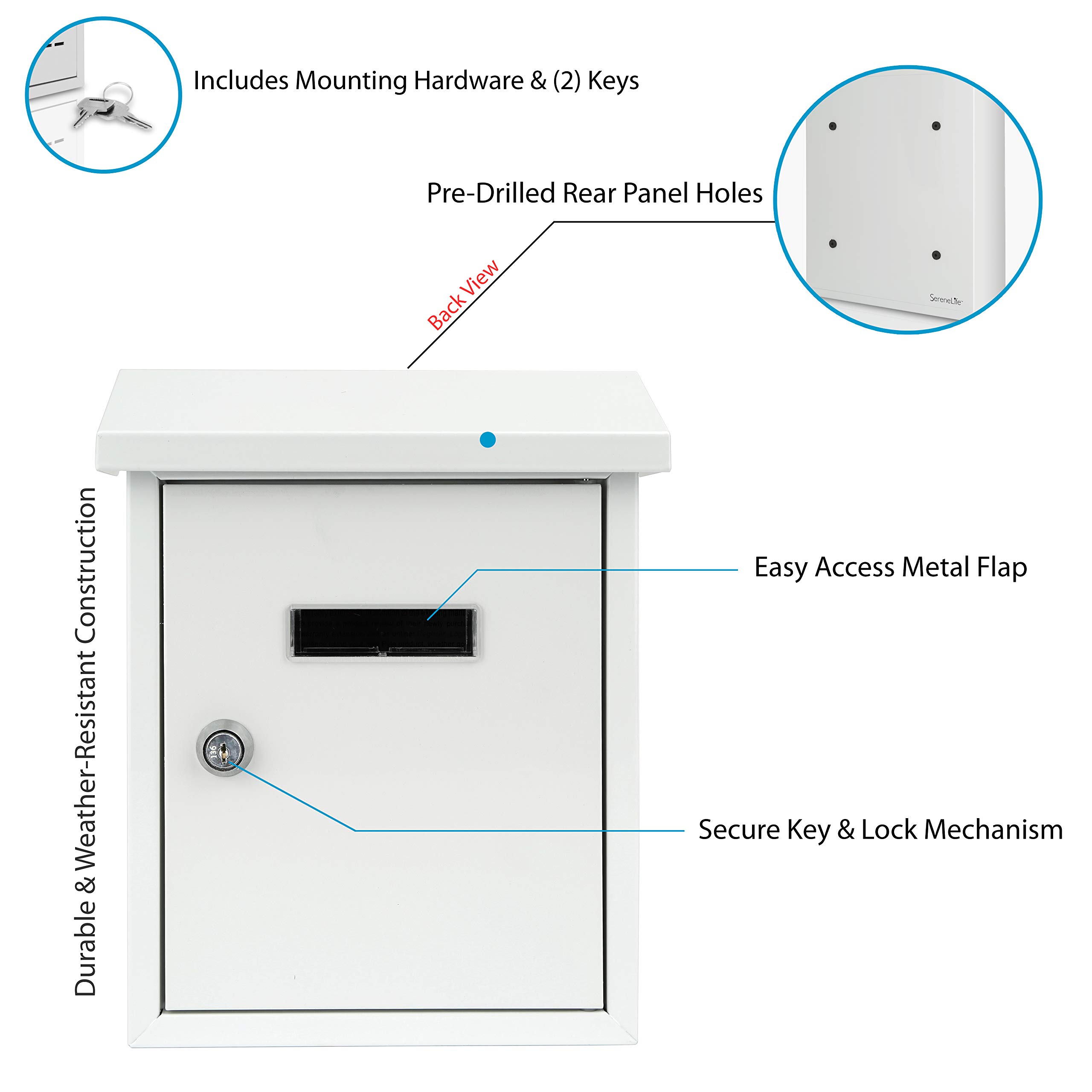 SereneLife SLMAB01 Weatherproof Wall Mount Mailbox-Outdoor Galvanized Metal Key Large Capacity, Commercial Rural Home Decorative & Office Business Parcel Box Package Drop Slot Secure Lock, White