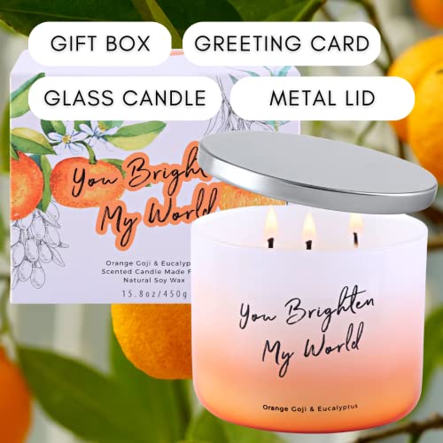Orange Goji Eucalyptus Scented Candle 3 Wick | Aromatherapy Stress Relief Eucalyptus Energy Candle | Highly Scented Soy Candles Clean Burn 15.8 oz | You Brighten My World Candle Gifts for Men & Women
