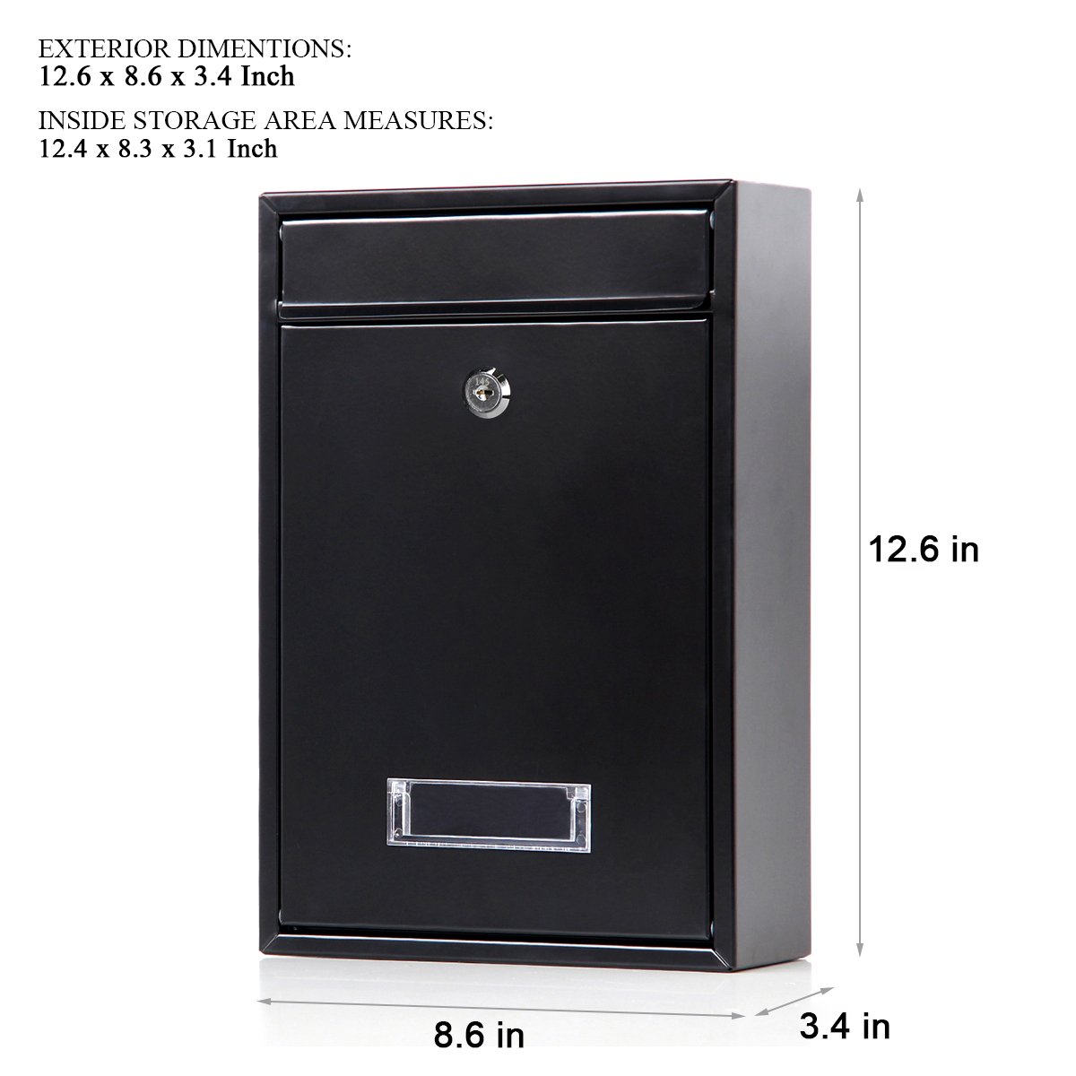 Locking Mailboxes Wall Mounted Vertical β Jssmst Key Lock Drop Mail Box Medium Capacity Galvanized Steel Cover Rust-Proof Metal Post Box, 12.6 x 8.5 x 3.4 Inch, Black, SM-0601L