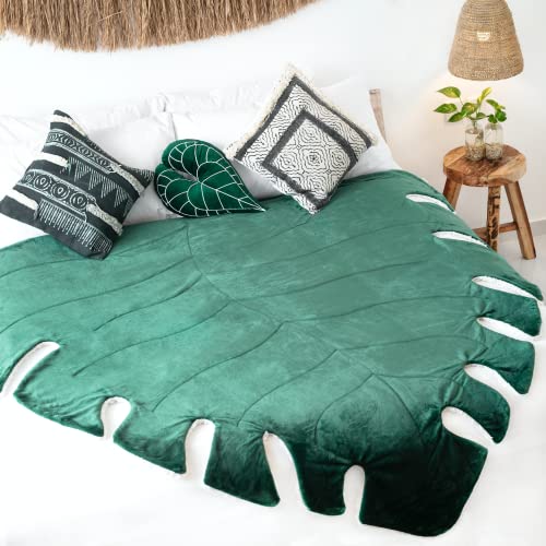 FrecklePot Giant Monstera Leaf Flannel Sherpa Fleece Throw Blanket Quilted Large Velvet Tropical Plant 2m x 2m