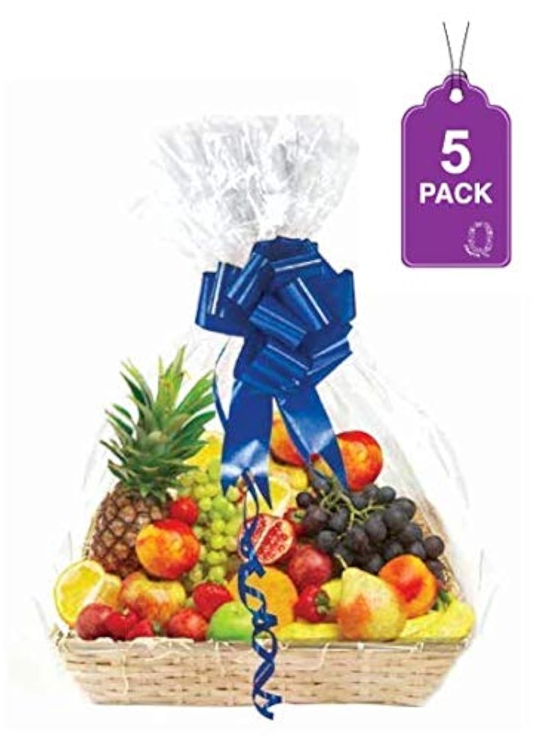 Purple Q Crafts Clear Basket Bags, 5 Pack Large Clear Cellophane Wrap for Baskets & Gifts 30"x 40" 1.5 Mil Thick (5)