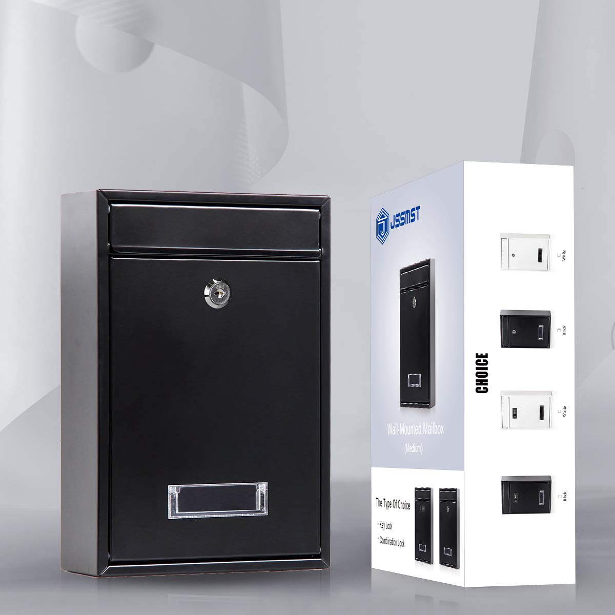 Locking Mailboxes Wall Mounted Vertical β Jssmst Key Lock Drop Mail Box Medium Capacity Galvanized Steel Cover Rust-Proof Metal Post Box, 12.6 x 8.5 x 3.4 Inch, Black, SM-0601L