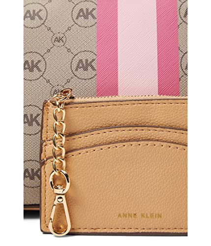 Anne Klein AK Logo Varsity Stripped Mini Satchel, Cream-Brown/Warm Sand w/Petunia-Brite Petal Stripe