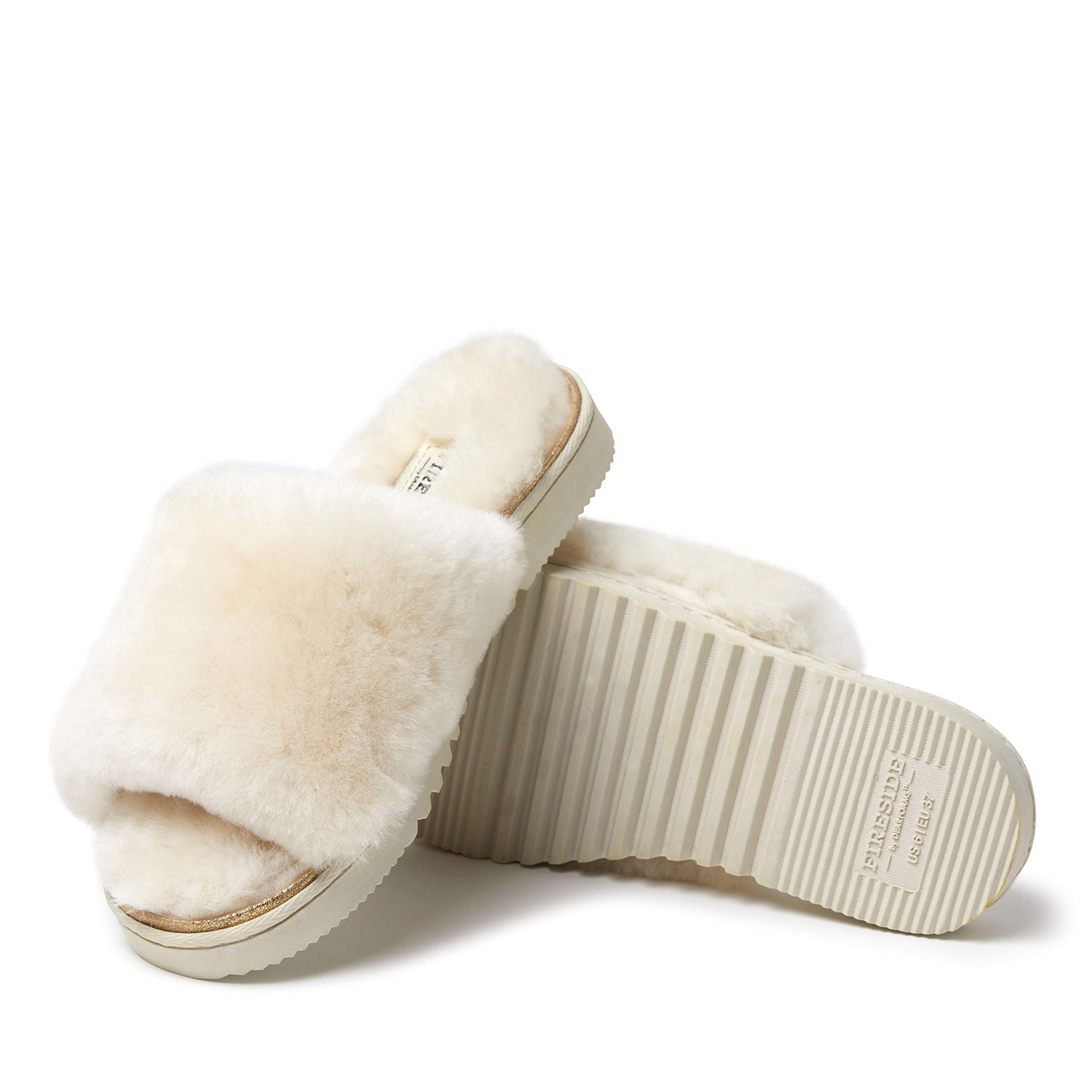 Dearfoams womens Fireside Genuine Shearling Slide With Metallic Suede Trim Slipper, Natural, 9 US