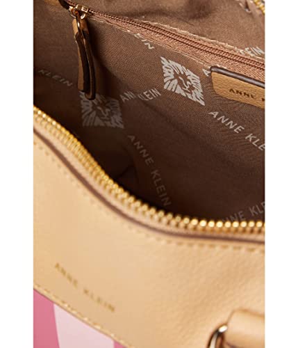Anne Klein AK Logo Varsity Stripped Mini Satchel, Cream-Brown/Warm Sand w/Petunia-Brite Petal Stripe