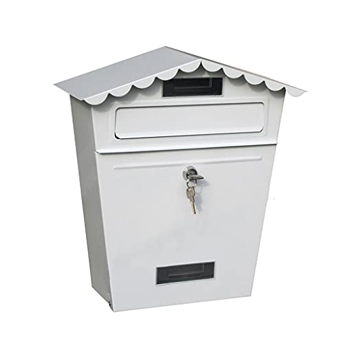 Lockable Secure Mail Letter Post Box Vintage Stainless Steel Metal Mailbox Garden Ornament Retro Wall-Mounted Mailbox Home Decor (White)