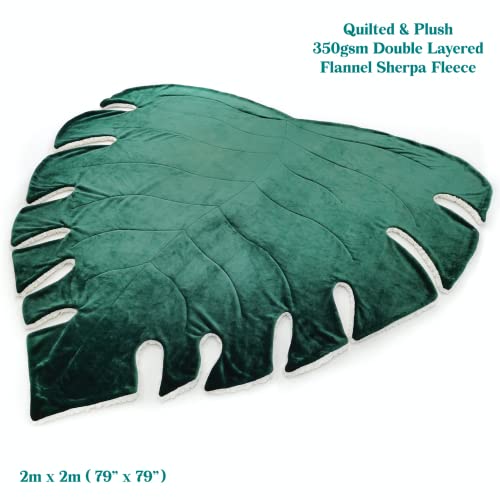 FrecklePot Giant Monstera Leaf Flannel Sherpa Fleece Throw Blanket Quilted Large Velvet Tropical Plant 2m x 2m