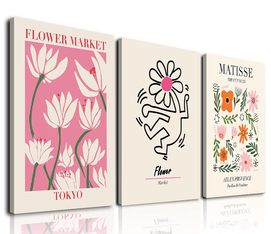Matisse Wall Art Set of 3, Abstract Matisse Wall Art Exhibition Posters, Pink Beige Flower Market Posters, Minimalist Framed Flower Market Wall Art, Canvas Matisse Prints Painting for Aesthetic Room, Bedroom, Living Room Wall Decor（12x16inch)