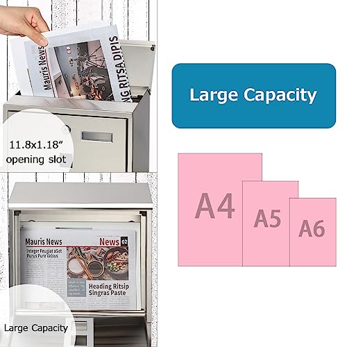 Wall Mounted Mailboxes with Key Lock, Lovndi Large Capacity Drop Mail Locking Box for Outdoor, Lockbox (2210 Stainless Steel)