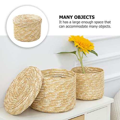 Cabilock 1PC Mini Straw Woven Storage bin Storage Basket Wheat- Straw Basket Hand Woven Storage
