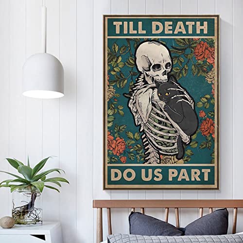 HAYOY Flower Wall Skull And Black Cat, Poster for Room Aesthetics,Canvas Wall Art Poster and Print,Cat Lovers Room Posters 12x18inch(Frameless)