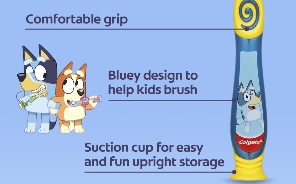 Colgate Bluey Toothbrush for Children with Suction Cup, Kids 2-5 Years Old, Extra Soft (Colors & Characters Very) - Pack of 2