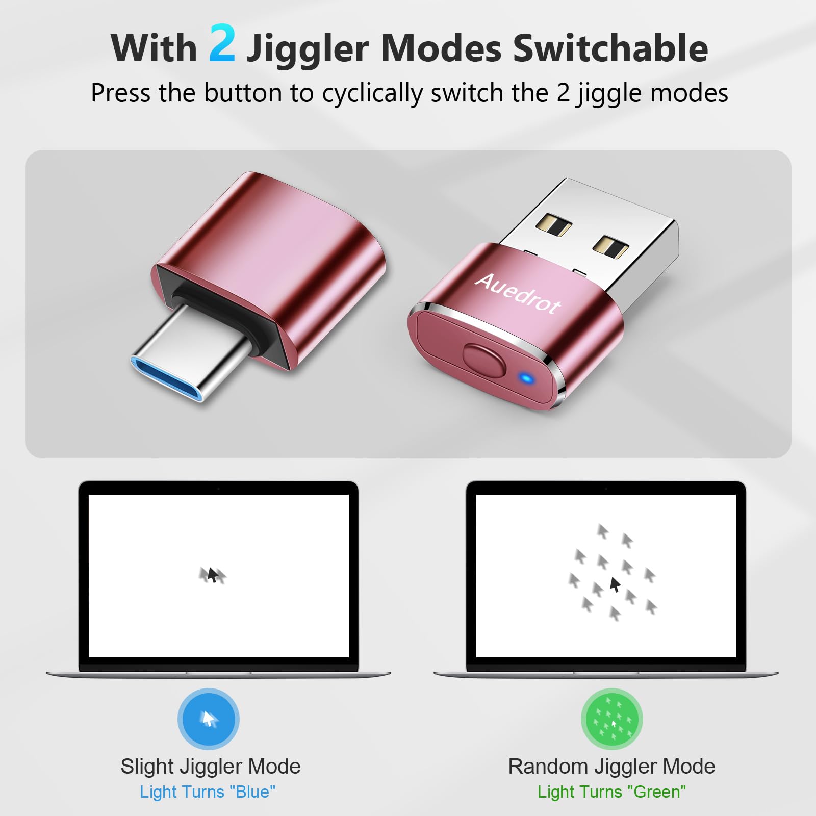 Mouse Jiggler Undetectable Metal USB Mouse Mover with Switch Button, Automatic Mouse Shaker with 2 Jiggle Modes, Driver-Free, Plug & Play, Keep Computer/Laptop Awake, with USB-C Adapter, Rose Gold
