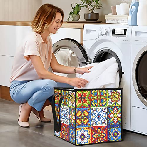 Kigai Mexican Talavera Cube Storage Bins, 13x13x13inch Collapsible Fabric Storage Cubes Organizer with Handles Decorative Storage Baskets for Home, Shelf, Closet
