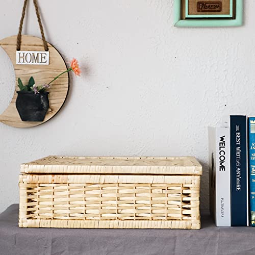 KINGWILLOW Wicker Basket with Lid, Rectangular Wooden Framed Woven Storage Bin with Inside Handles