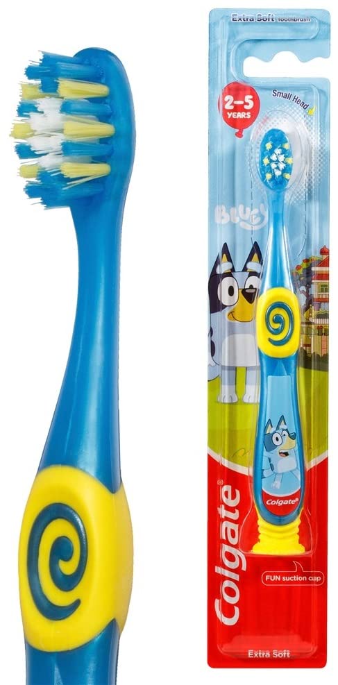 Colgate Bluey Toothbrush for Children with Suction Cup, Kids 2-5 Years Old, Extra Soft (Colors & Characters Very) - Pack of 2