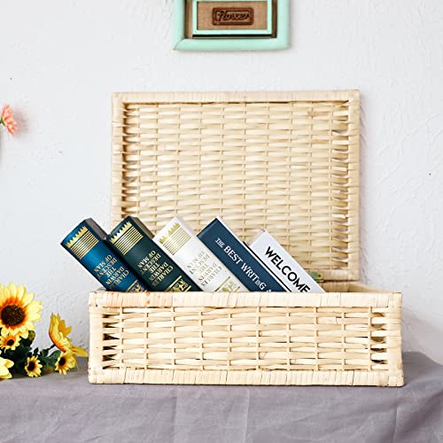 KINGWILLOW Wicker Basket with Lid, Rectangular Wooden Framed Woven Storage Bin with Inside Handles